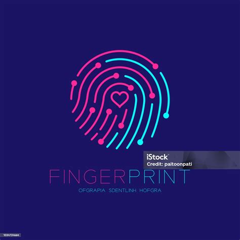 사랑 마음 기호 대시 선 디자인 일러스트 레이 션 블루와 핑크 지문 텍스트와 복사 공간 벡터 Eps10와 어두운 파란색 배경에 고립 된 지문 스캔 로고 아이콘 감지기에 대한
