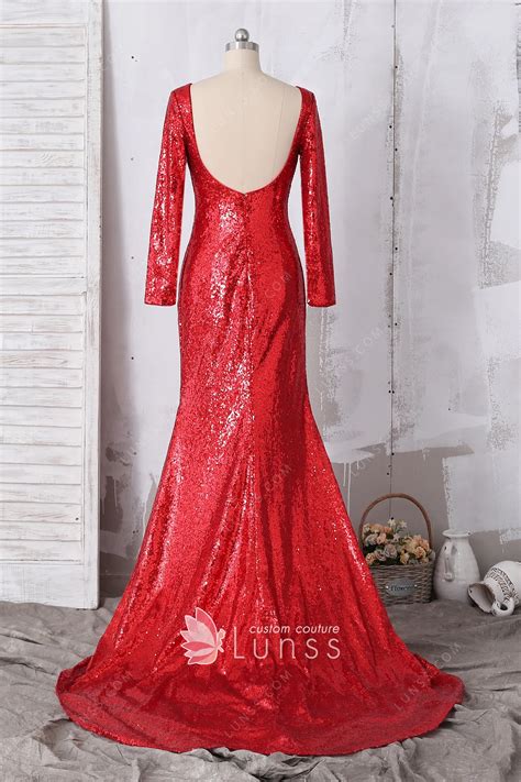 Sparkly Red Sequin Long Sleeve Boat Neck Simple Prom Gown Lunss