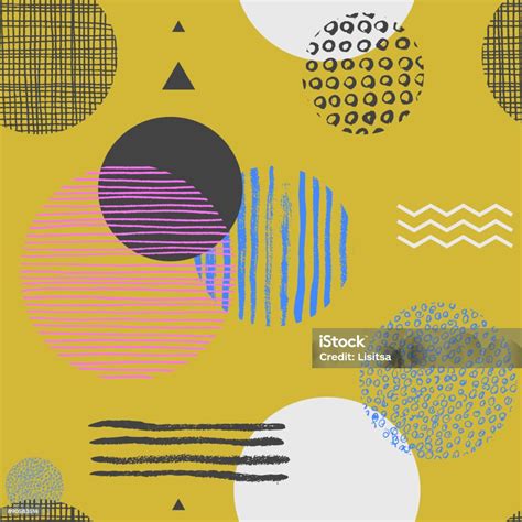 원 삼각형 및 다양 한 색상과 겨자 노란색 배경에 질감의 라인을 형상 완벽 한 패턴입니다 세련 된 추상적인 배경 막입니다 벡터 일러스트 벽지에 대 한 최신 유행 스타일입니다