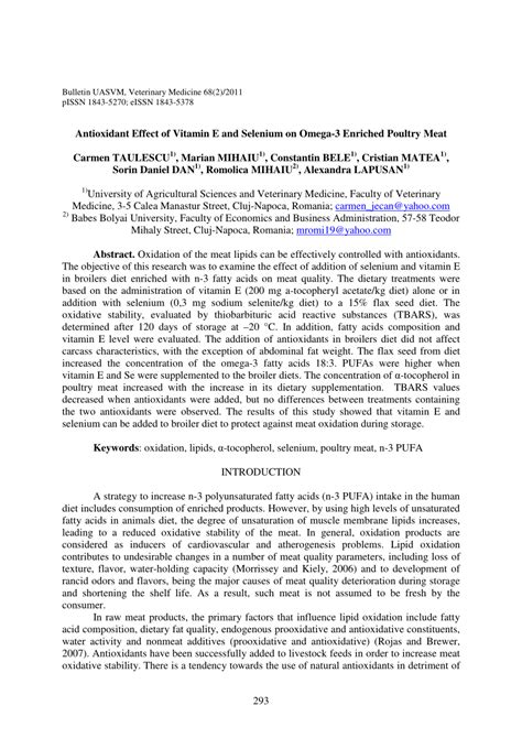 Pdf Antioxidant Effect Of Vitamin E And Selenium On Omega 3 Enriched Poultry Meat
