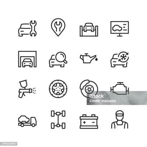 자동차 서비스 선형 스타일 아이콘 세트 자동차 수리 예비 부품 주유소 자동차 부품의 진단 조정 교체 설치 수리를 위한 장비 및 도구 편집 가능한 획 너비 아이콘에 대한 스톡