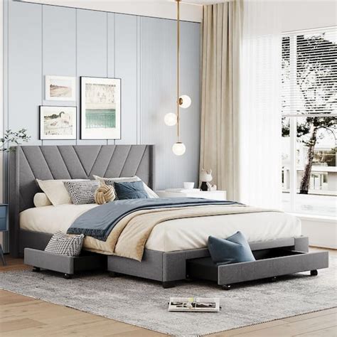Urtr Gray Wood Frame Queen Size Linen Upholstered Platform Bed Frames With 3 Storage Drawers