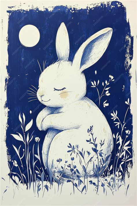 White Rabbit Under Moonlight Illustration Premium Ai Generated Image