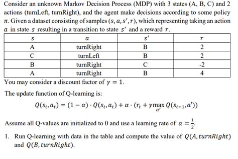 Solved Consider An Unknown Markov Decision Process Mdp