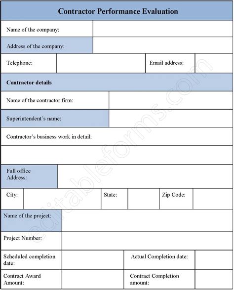 Contractor Performance Evaluation Fillable Pdf Form