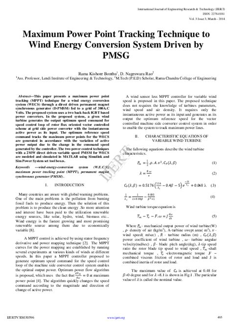 pdf ijert maximum power point tracking technique to wind energy conversion system driven by pmsg