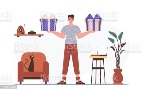 크리스마스 또는 새해를 위한 선물 개념 그 남자는 손에 선물 상자를 들고있다 구매에 대한 스톡 벡터 아트 및 기타 이미지 구매 기념일 남자 Istock