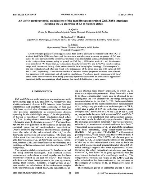 Pdf Ab Initio Pseudopotential Calculations Of The Band Lineups At Strained Znsznse Interfaces