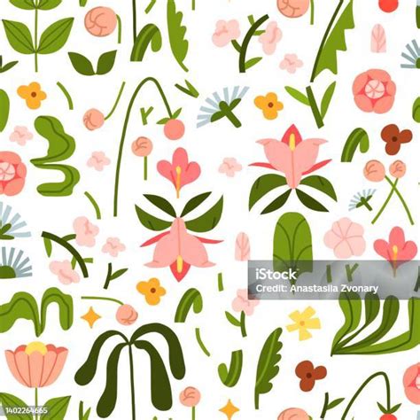 손으로 그린 벡터 추상 그래픽 클립 아트 일러스트 레이 션은 꽃 나뭇잎 및 달의 추상적 인 보호 자연 모양으로 구성의 원활한 패턴입니다 현대 마술 자연 디자인 식물원 그래픽