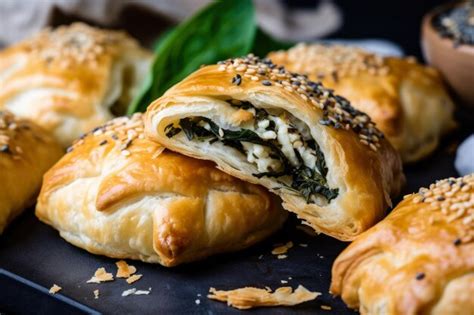 Premium AI Image | Golden flaky bourekas stuffed with spinach and feta ...