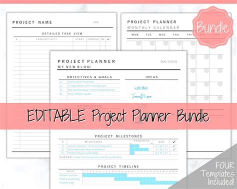 EDITABLE Project Planner Printable Template BUNDLE Work Etsy