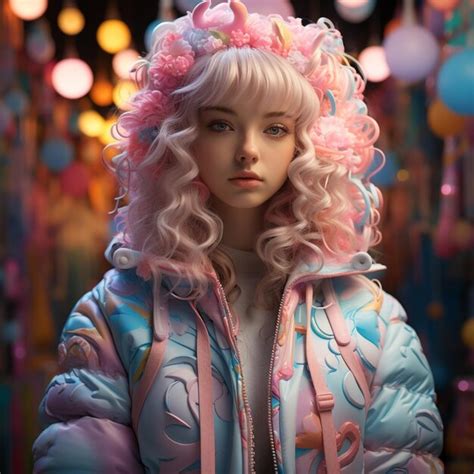 Premium Photo Blond Girl With Pink Hair And A Pink Jacket In A Store