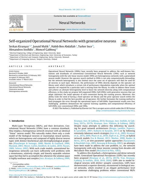 Pdf Self Organized Operational Neural Networks With Generative Neurons