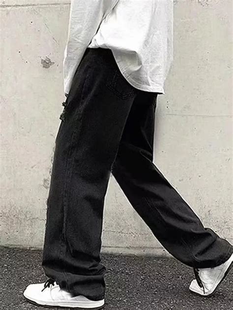 Mens Black Straight Ripped Jeans Temu