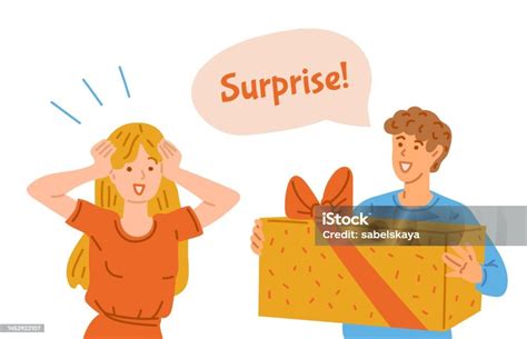 남자는 여자에게 큰 선물 상자 축하의 개념 흰색 배경에 격리된 평면 벡터 삽화를 제공합니다 놀란 캐릭터가 생일이나 휴일에 선물을