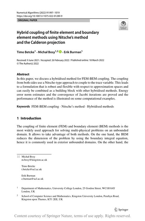 Pdf Hybrid Coupling Of Finite Element And Boundary Element Methods Using Nitsches Method And