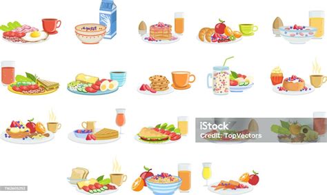 다른 아침 식사 음식과 음료 세트 상세한 간단한 아침 메뉴 접시 일러스트의 컬렉션 과일에 대한 스톡 벡터 아트 및 기타 이미지 과일 배경 주제 베이컨 Istock