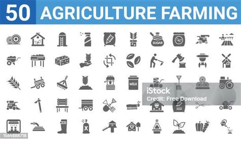 50개의 농업 농업 웹 아이콘 세트입니다 급수 건초 스마트 농장 수확기 곡물 손수레 집 우유 항아리와 같은 채워진 글리프 아이콘