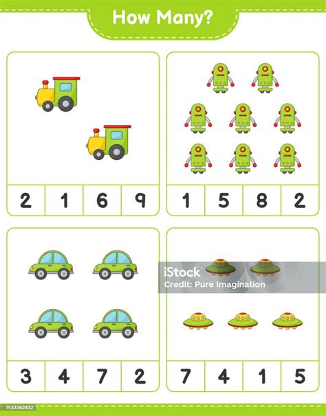 카운팅 게임 얼마나 많은 기차 로봇 캐릭터 자동차 그리고 Ufo 교육 어린이 게임 인쇄 가능한 워크 시트 벡터 일러스트 레이 션 0명에 대한 스톡 벡터 아트 및 기타 이미지