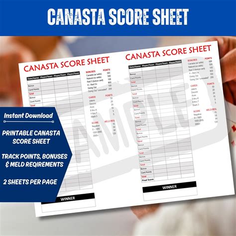 Printable Canasta Score Sheet Classic Card Game Tracker With Bonuses