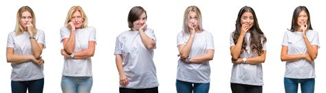 흰색 T 셔츠를 입고 여자의 그룹의 콜라주는 스트레스와 입 물고 손톱에 손으로 긴장 찾고 고립 된 배경 위에 불안 문제 T 셔츠에 대한 스톡 사진 및 기타 이미지 Istock