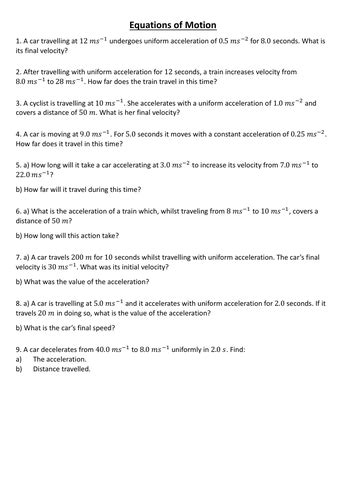 Aqa Unit 4 Equations Of Motion Suvat Questions A Level Teaching Resources