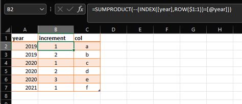 worksheet function increment by count of group value in excel table