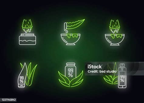 알로에 베라 네온 라이트 아이콘 세트입니다 약초 주스 순수 한 유기농 로션 식물에서 액체를 치유 천연 화장품 외부 빛나는 효과와 징후 벡터 절연 Rgb 색상 일러스트레이션