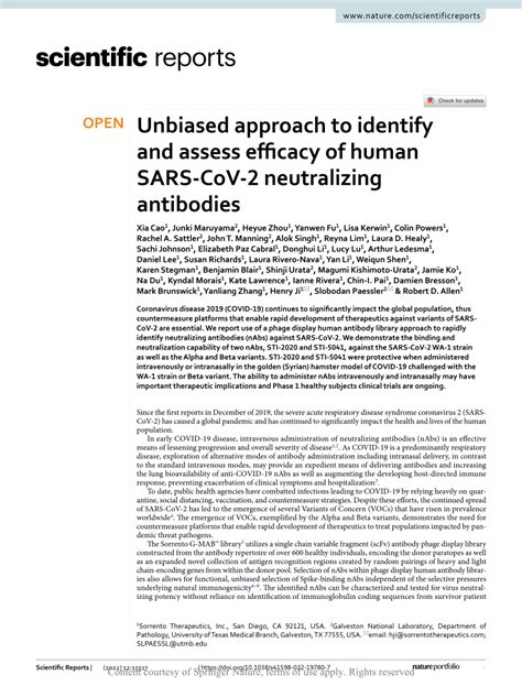 Pdf Unbiased Approach To Identify And Assess Efficacy Of Human Sars Cov 2 Neutralizing Antibodies