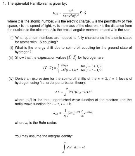 Solved 1 The Spin Orbit Hamiltonian Is Given By Ze His