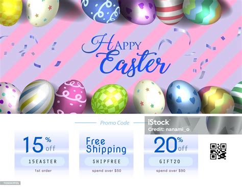 리본 리본 부활절 달걀 및 프로 모션 Qr 코드와 할인 바우처 템플릿의 컬렉션입니다 3차원 형태에 대한 스톡 벡터 아트 및 기타 이미지 3차원 형태 Qr코드 개념