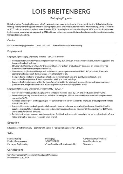 Packaging Engineer Resume Cv Example And Writing Guide