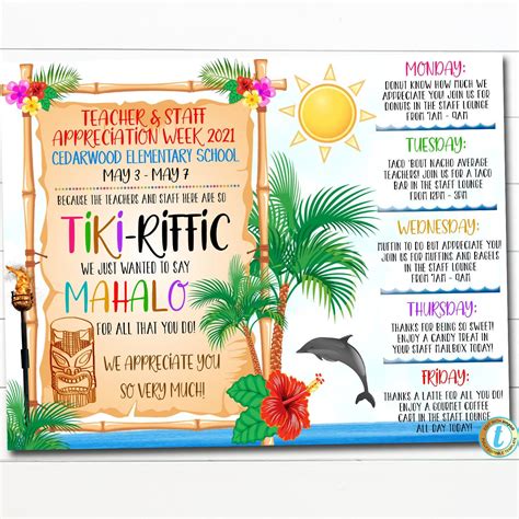 Editable Hawaiian Themed Teacher Appreciation Week Itinerary Beach Theme Poster Appreciation