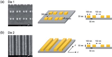 scanning electron micrographs of gold nanoantenna arrays in a die 1