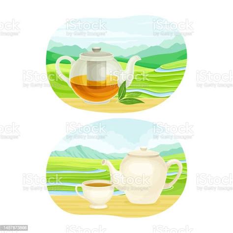 차 그린 테라스 필드 농장 컵과 찻주전자 뜨거운 향기로운 음료 벡터 세트 0명에 대한 스톡 벡터 아트 및 기타 이미지 0명