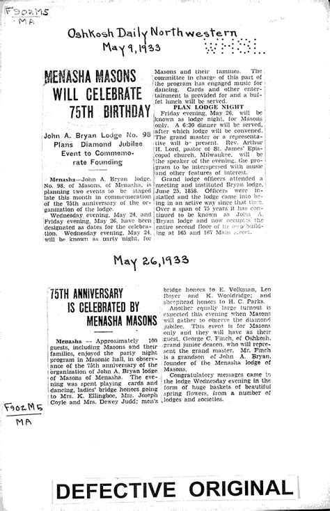 Menasha Masons Will Celebrate 75th Birthday Newspaper Article