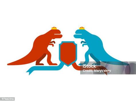 공룡 및 방패 문장 학 상징입니다 디노 기호 선사 시대 짐승의 국장에 대 한입니다 고고학 기호입니다 벡터 일러스트 레이 션 고대