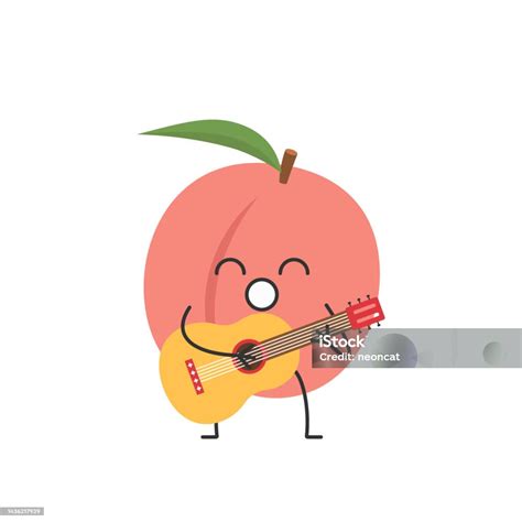 복숭아 귀여운 캐릭터 만화는 기타 노래 육즙이 많은 달콤한 과일 웃는 얼굴 쾌활한 카와이 기쁨 행복 감정 아이콘 벡터 일러스트레이션을 재생합니다 0명에 대한 스톡 벡터 아트