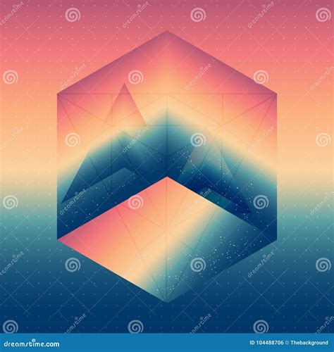 Abstract Isometric Cube With The Reflection Of The Space And Pyramid Low Poly Triangles On