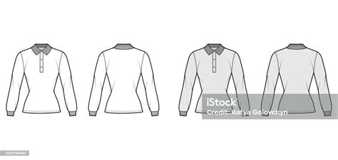 셔츠 폴로 는 긴 소매 튜닉 길이 헨리 버튼 넥 플랫 니트 칼라와 기술 패션 일러스트를 장착 컴퓨터 보조 설계에 대한 스톡 벡터 아트 및 기타 이미지 Istock