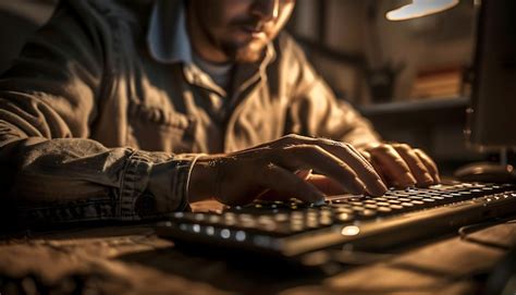 Premium Photo A Man Typing On A Keyboard With A Black Key