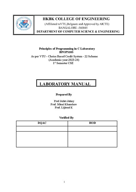 Pop Lab Manual 1 Lab Manual Principles Of Programming In C