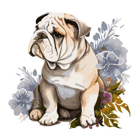 잉글리시 불독 벡터 스티커 클립 아트 만화 불독 개 꽃에 앉아 상표 클립 아트 Png 일러스트 및 벡터 에 대한 무료