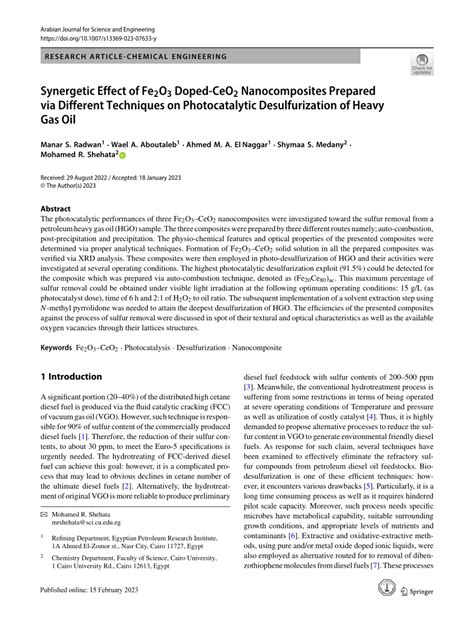 Pdf Synergetic Effect Of Fe2o3 Doped Ceo2 Nanocomposites Prepared Via Different Techniques On