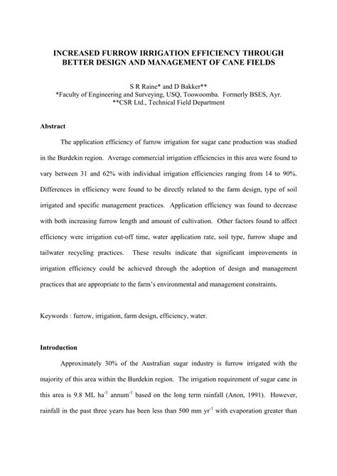 Pdf Increased Furrow Irrigation Efficiency Through Better Design And Management Of Cane Fields