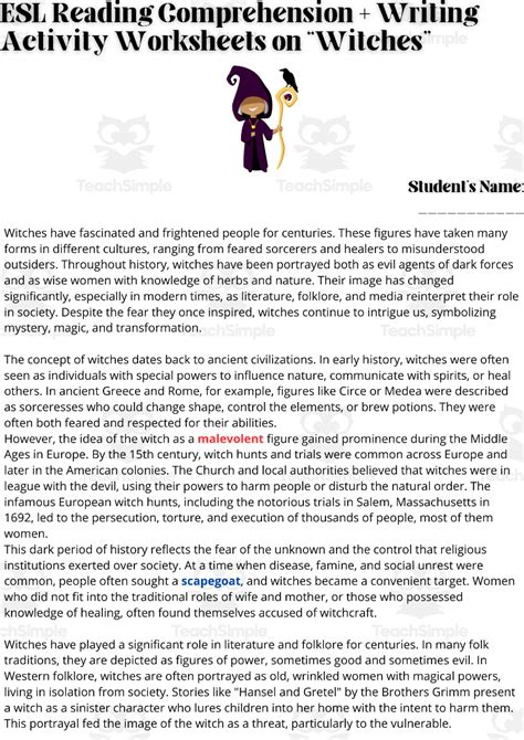Esl Reading Comprehension Writing Activity Worksheets On Witches By Teach Simple