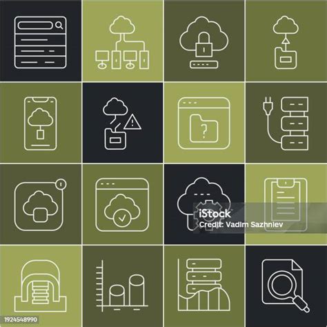 폴더 서버 데이터 보고서 클라우드 컴퓨팅 잠금 기술 데이터 전송 엔진 및 파일 누락 아이콘으로 라인 검색 개념을 설정합니다 벡터 개념에 대한 스톡 벡터 아트 및 기타 이미지