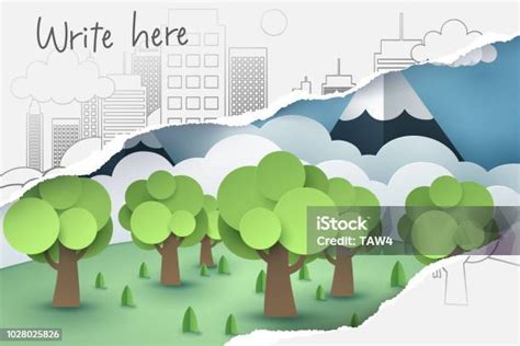 3d 종이 예술 종이 접기 세계 지속 가능한 환경 친화적인 아이디어 통해 참조 2d 손으로 나무와 도시 종이의 그림을 찢 어 0명에 대한 스톡 벡터 아트 및 기타 이미지