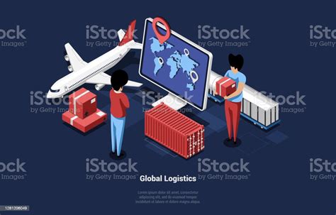 세계지도 와 네비게이터를 가진 노트북 화면의 벡터 일러스트레이션 글로벌 물류 개념 3d 이소메트릭 구성 상자를 전달하는 두 만화 남성 캐릭터 근처의 기타 공급 품목 및 평면