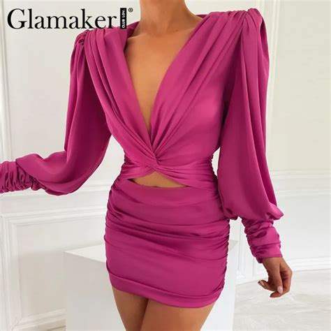 Chic Satin Bodycon Long Sleeve Wrap Dress With Deep V Neck And Hollow